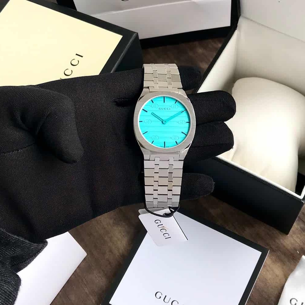 GUCCI 25H 38mm Stainless Steel Quartz Ocean Blue Dial Mens Watch ...