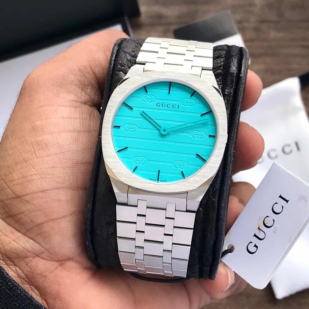 GUCCI 25H 38mm Stainless Steel Quartz Ocean Blue Dial Mens Watch ...